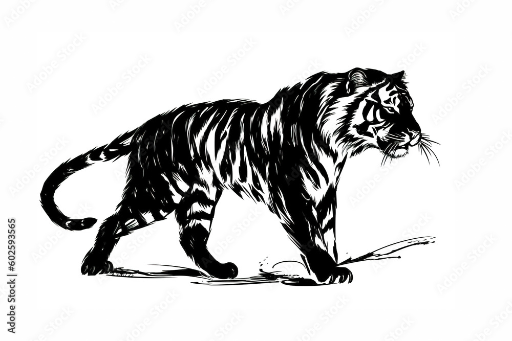 Image of a tiger drawing using a brush and black ink on white ...