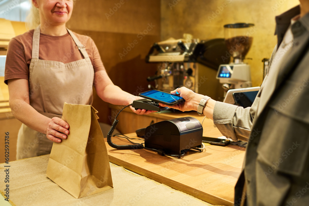 Cropped shot of mature bakery clerk holding paper bag with takeaway ...