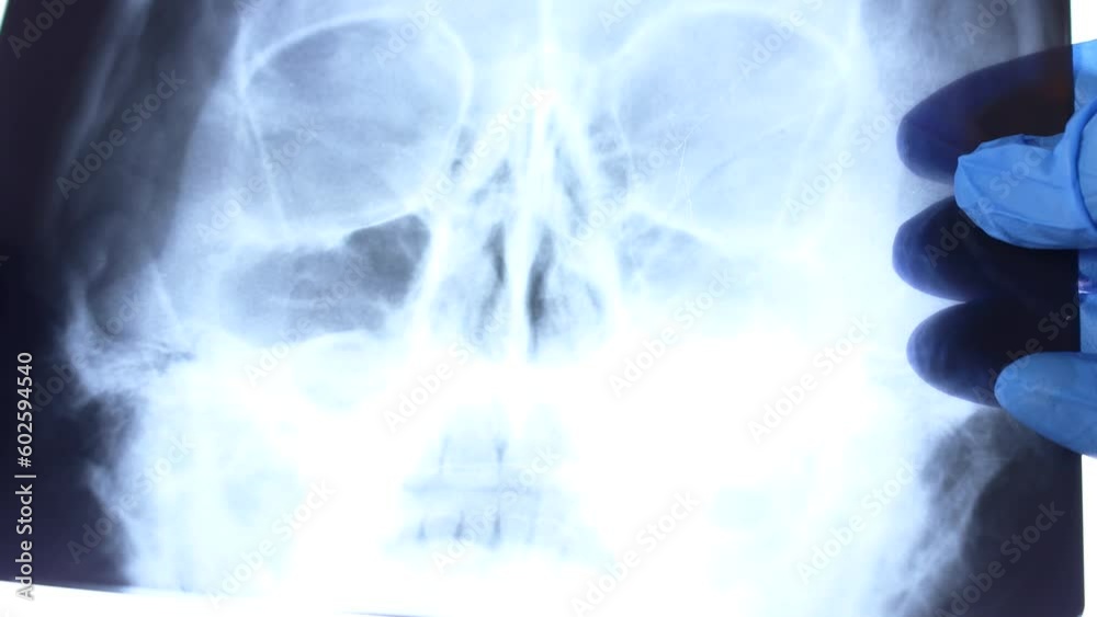 X ray scan of human skull in doctor hands. Ct head scanning on light ...