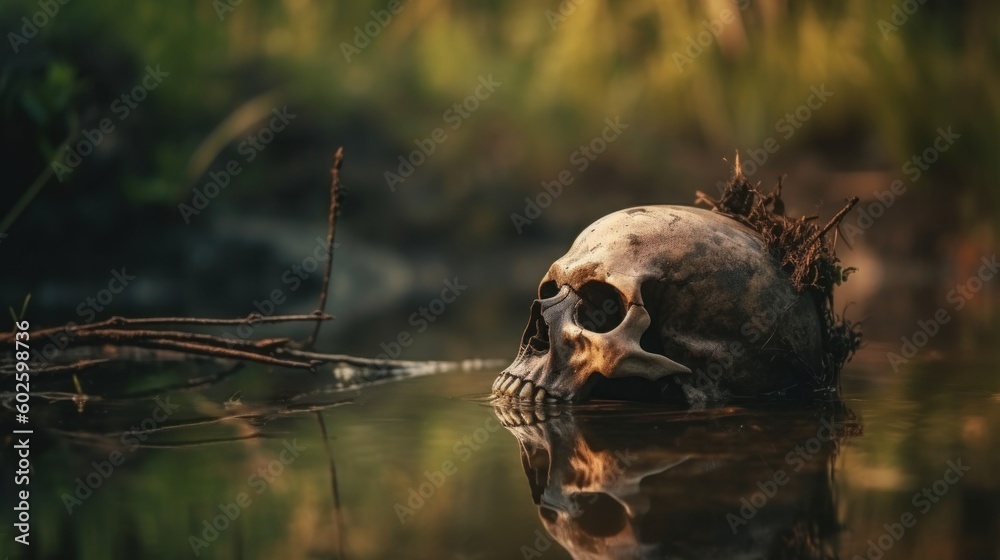 Decaying old human skull in dirty murky wet swamp mud, death and decay ...