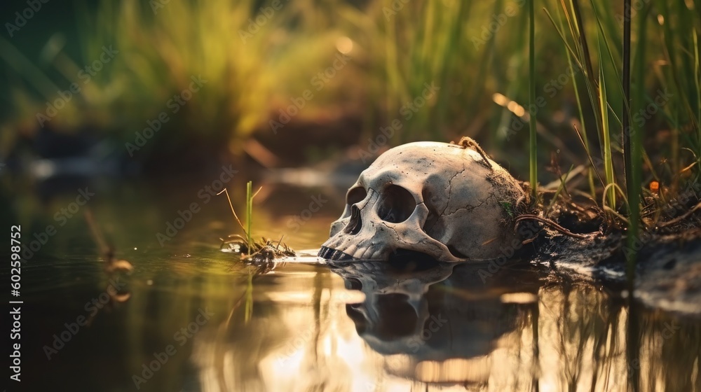 Decaying old human skull in dirty murky wet swamp mud, death and decay ...