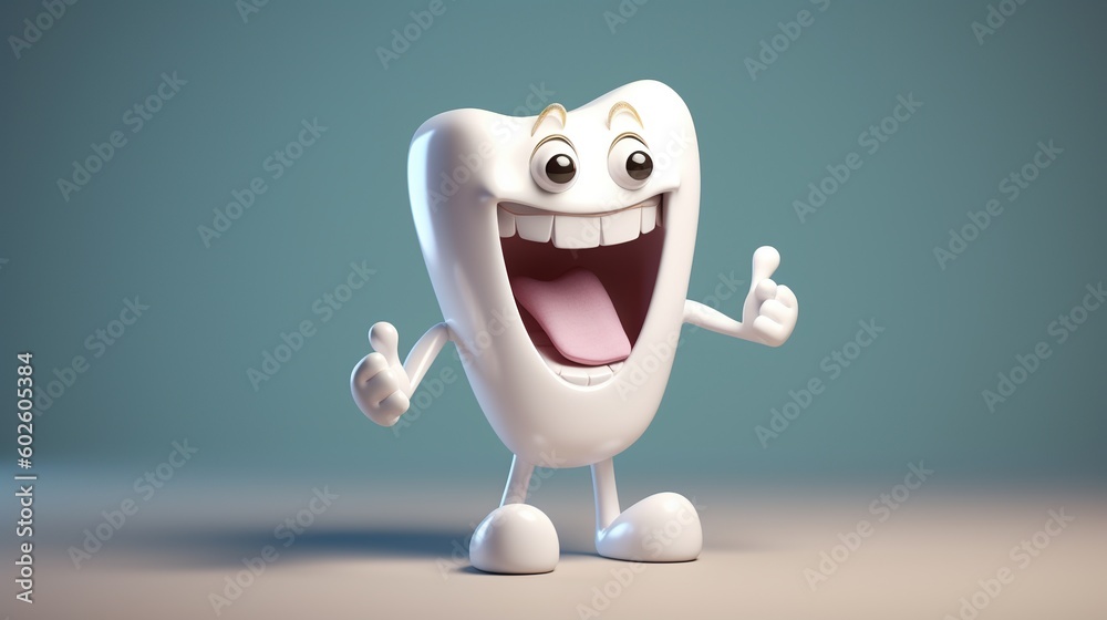 3D realistic happy white tooth character. Tooth cartoon with thumbs up ...
