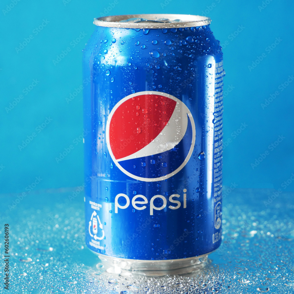 Kiev, Ukraine - May 12 2023: Pepsi Cola softdrink can on blue ...