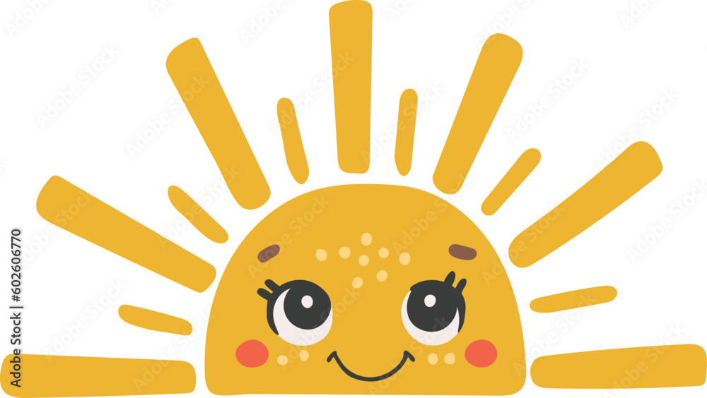 Cute sun cartoon character, Happy sun vector, Summer sunshine with eyes ...
