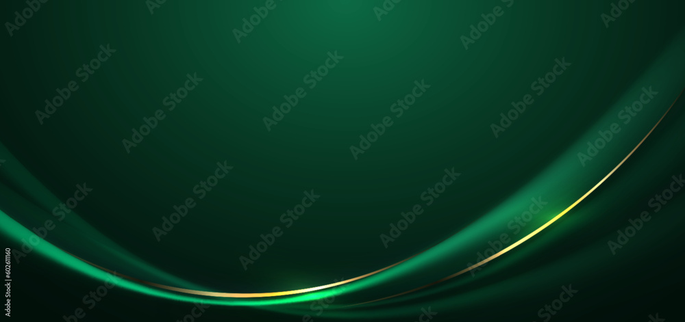 Abstract 3d Gold Curved Green Ribbon On Dark Green Background With
