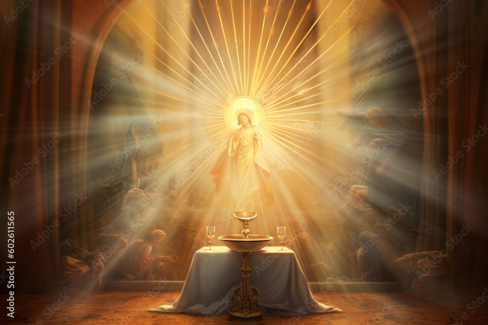 A captivating illustration of the Eucharist surrounded by rays of light ...