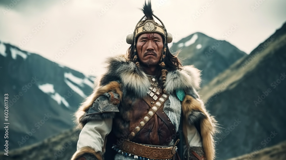 medieval asian man armed kazakh warrior in traditional historical armor ...