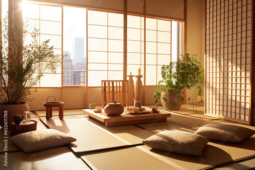 A Japanese-inspired living room with tatami mats, low floor seating, a ...
