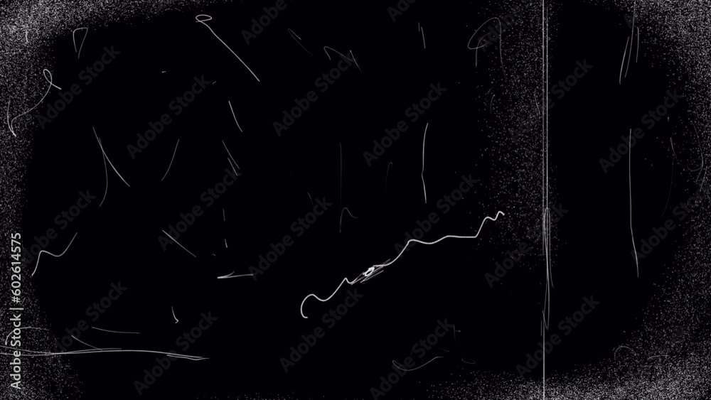 Animation of an old film strip with white scratches on a black screen ...