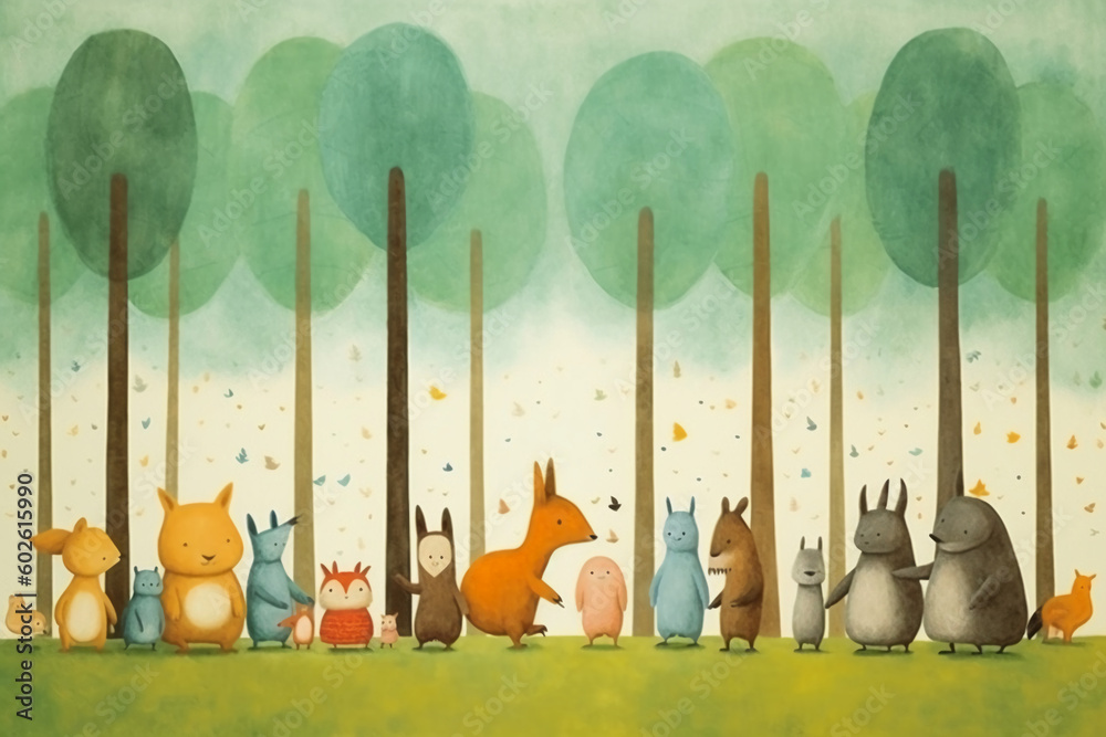 Animals in a forest working together, smiling, joyful, sunny background ...