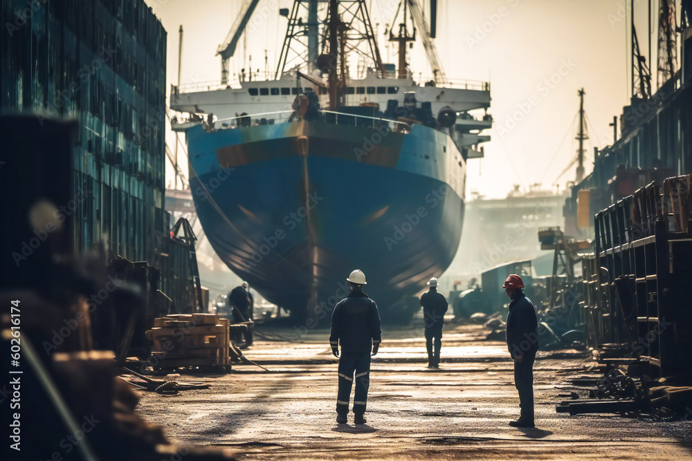 Shipyard workers with a ship under construction in background. Created ...