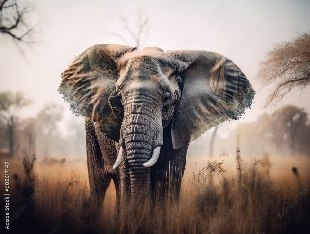 Elephant. Double Exposure. with a clipping mask Generative AI Stock ...