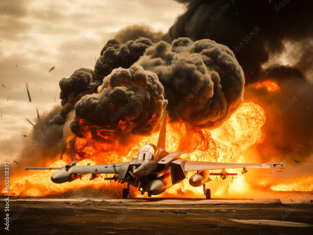 Military jet on fire Explosion and destructions caused by war. Army ...