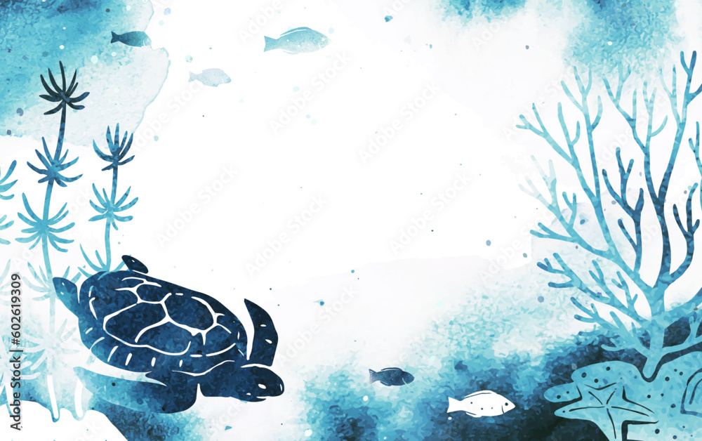 Vector template with fish, turtle and seaweed on white background ...