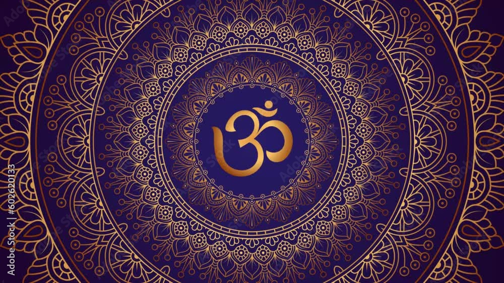 Hindu Om symbol with rotating mandala design on dark blue background ...