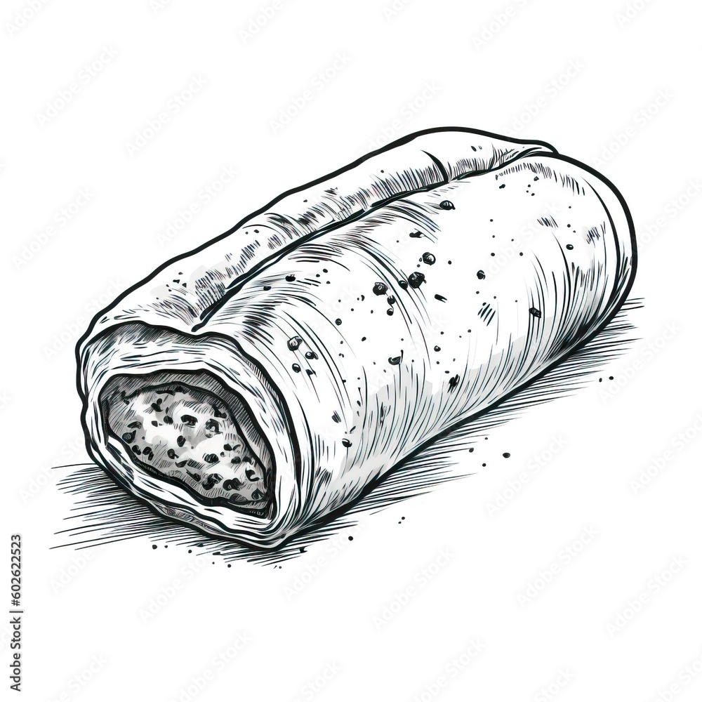 A hand drawn sketch of a classic sausage roll on a white background ...
