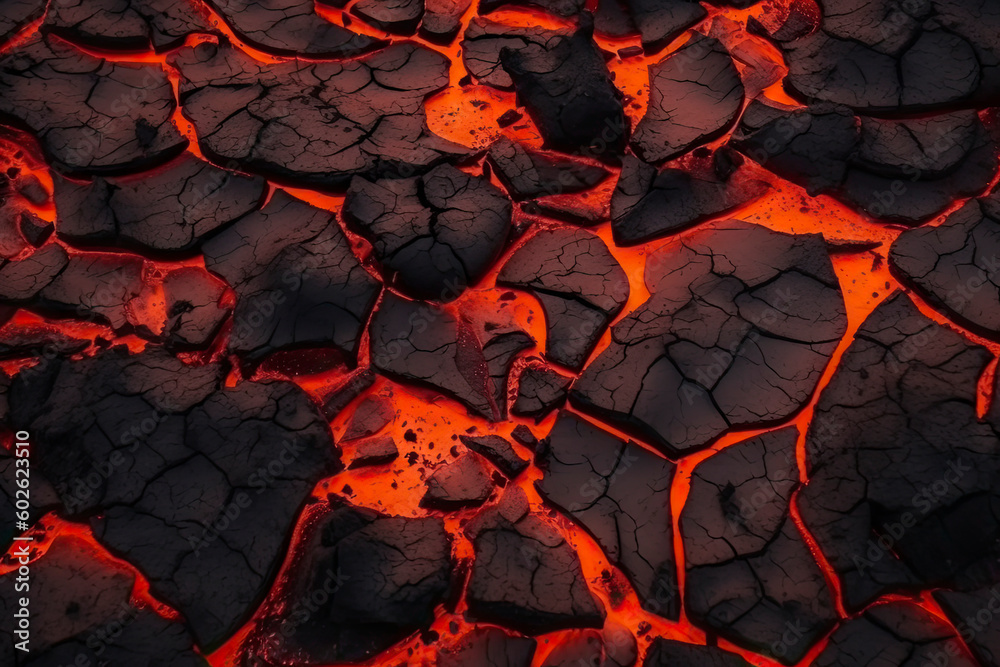Heat red cracked ground texture burning after volcano eruption. Molten ...