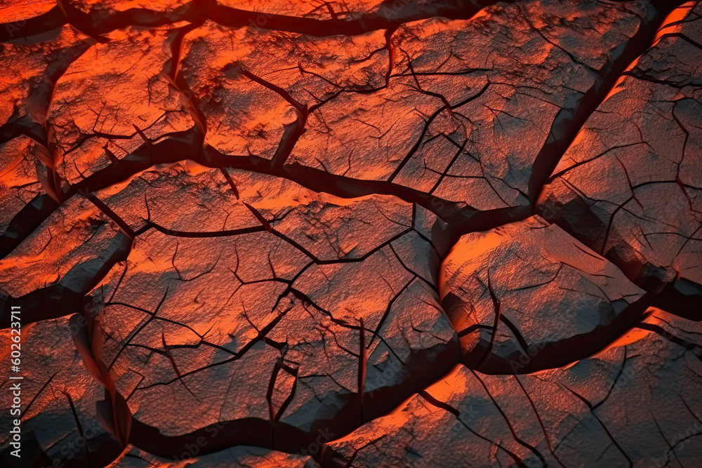 Heat red cracked ground texture burning after volcano eruption. Molten ...