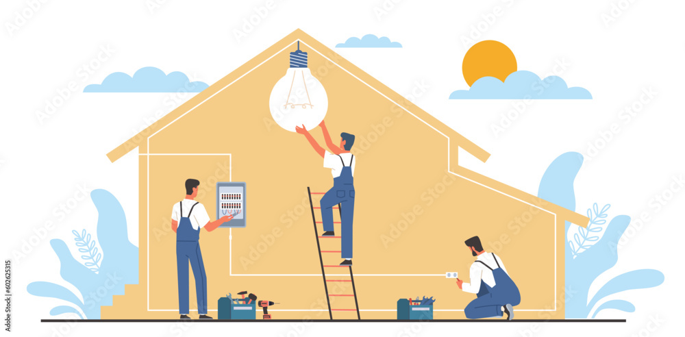 Professional electricians install electrical switchboard, socket and ...