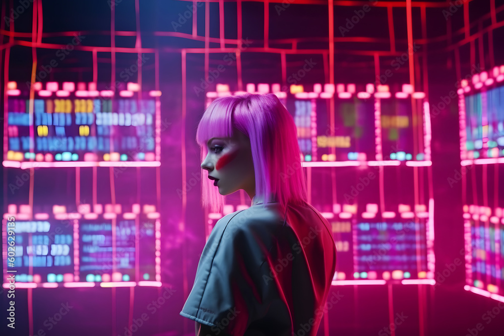 Retrowave synthwave girls portrait. Futuristic photo of the 80s on a ...