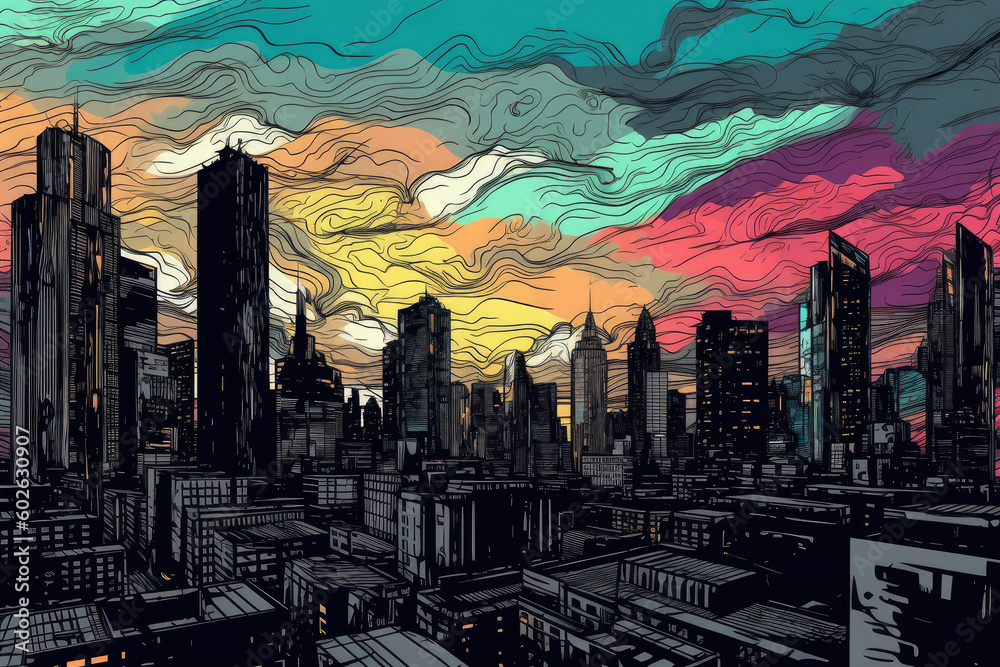 Downtown city skyline comic book art style. digital art illustration ...