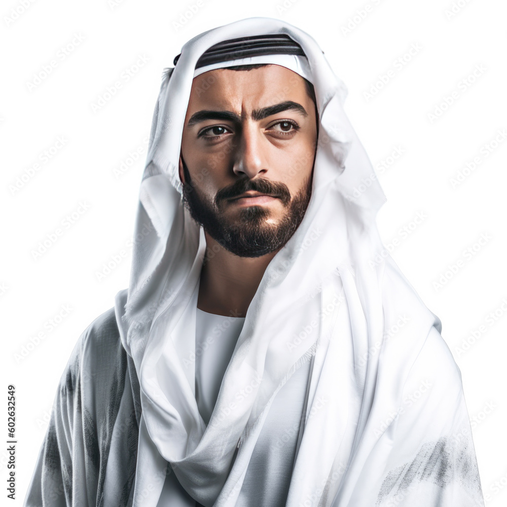 Young handsome Emirati business man in UAE traditional outfit showing a ...