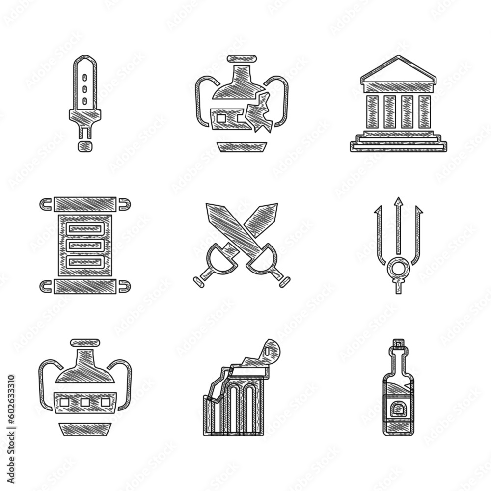 Set Crossed medieval sword, Broken ancient column, Bottle of wine ...