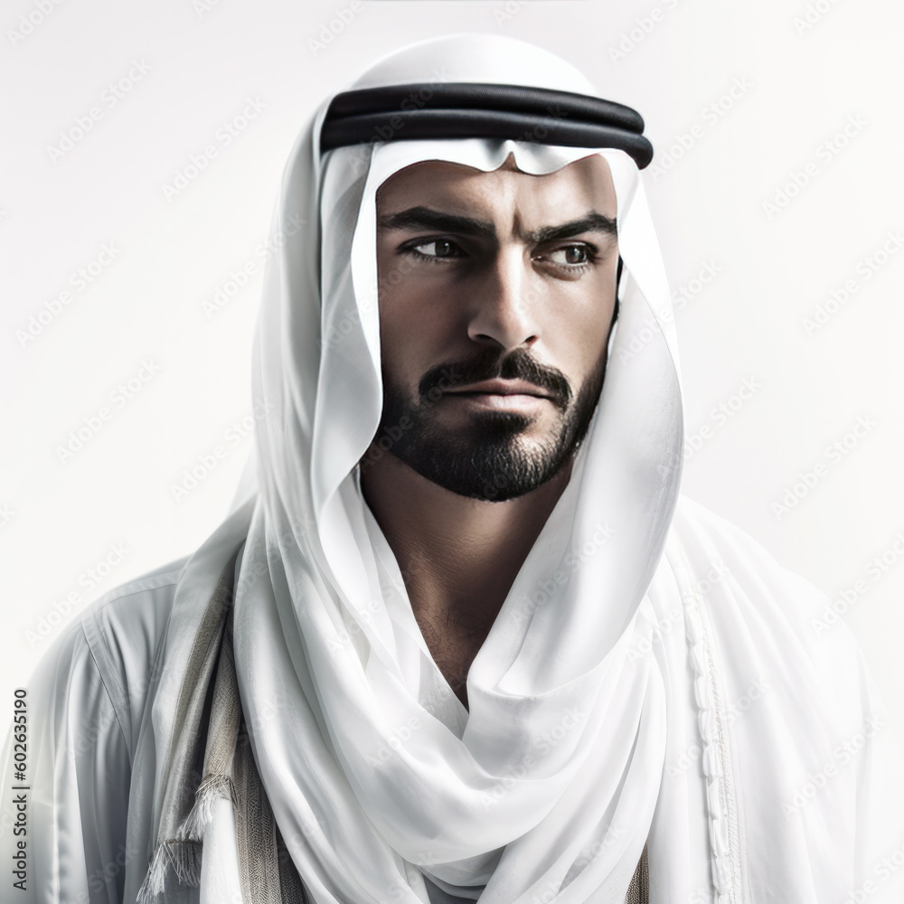 Young handsome Emirati business man in UAE traditional outfit showing a ...