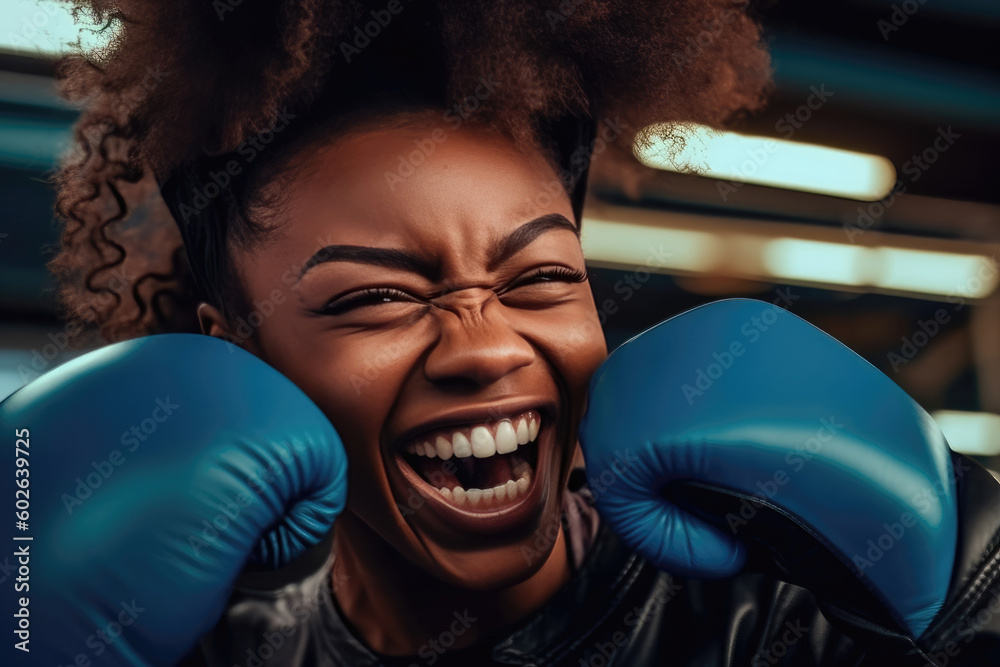 Happy Black Female Boxer: Close-up portrait of a laughing African ...