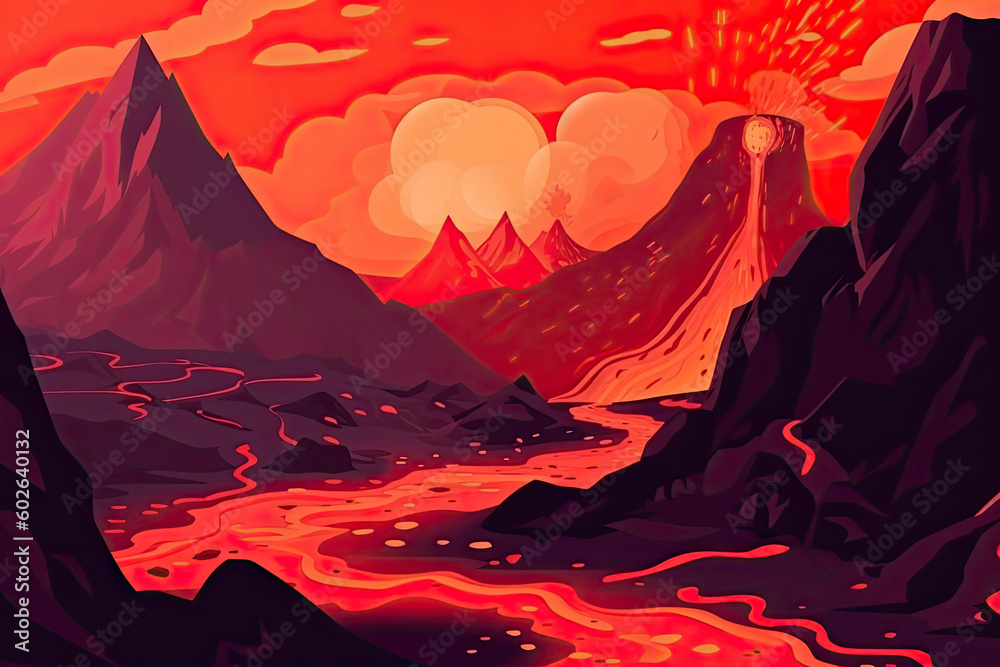 Volcanic eruption illustration. Hot molten lava landscape Stock ...