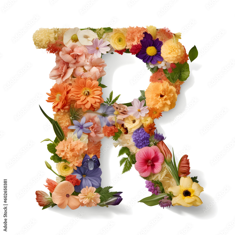 Letter R made of real natural flowers and leaves on white background ...
