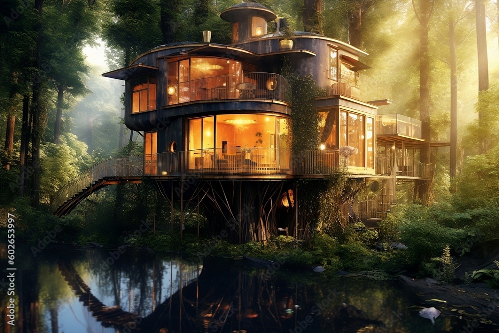 Generative AI illustration of a golden treehouse in a rich forest ...
