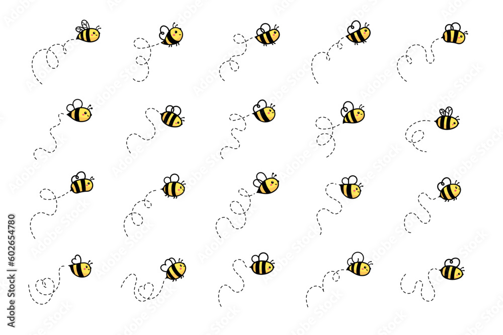 cartoon cute little bee flying on the dotted line to find sweet honey ...