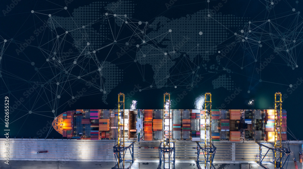 Aerial Top view. Container ship in the pier with crane bridge carries ...