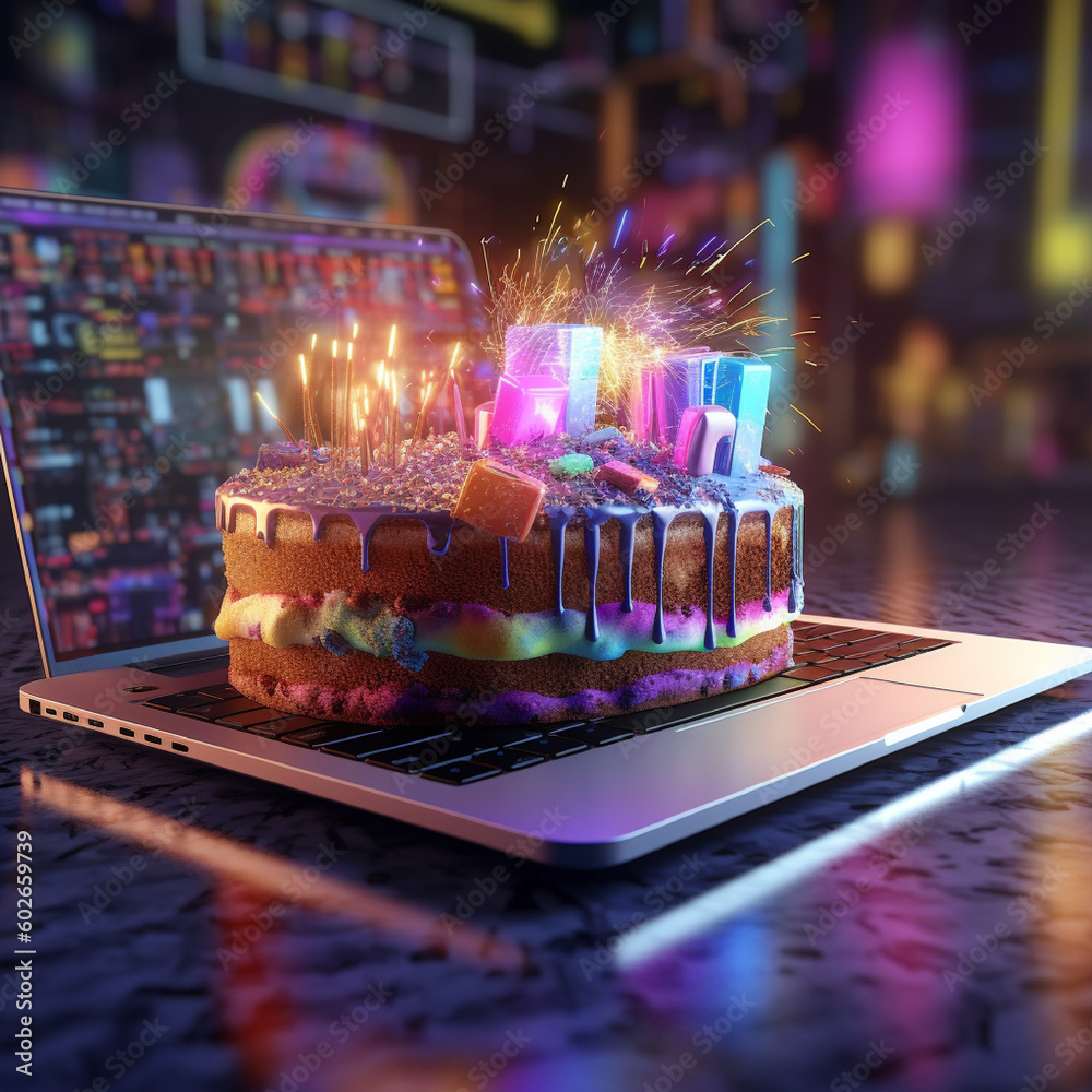 happy birthday celebration, birthday cake and digital technology ...