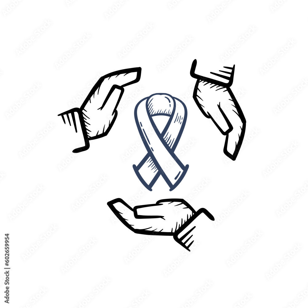 Awareness cancer desease ribbon hand drawing icon doodle line art ...