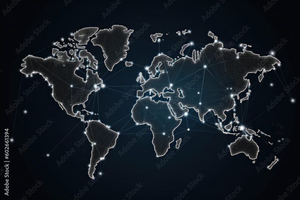 Digital world map with dot connections. Global communication and ...