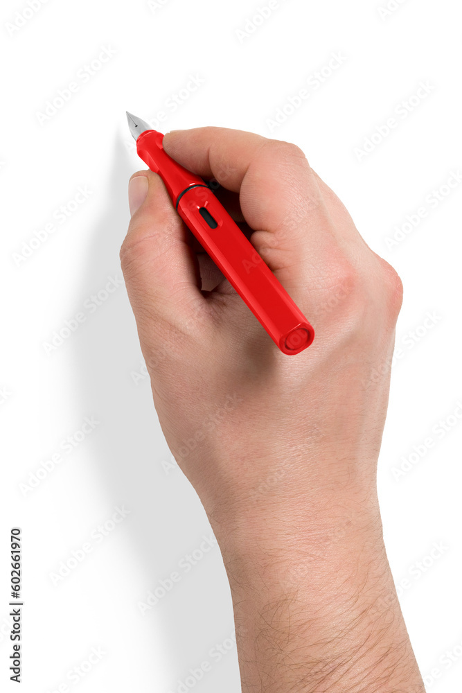 Top view of a male hand writing with a pen, pen in hand, isolated on a ...