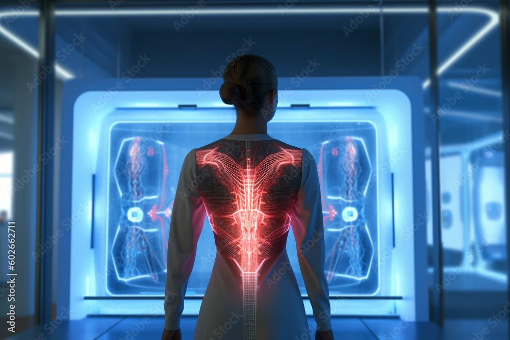 A woman wearing a futuristic suit with sensors for health monitoring ...