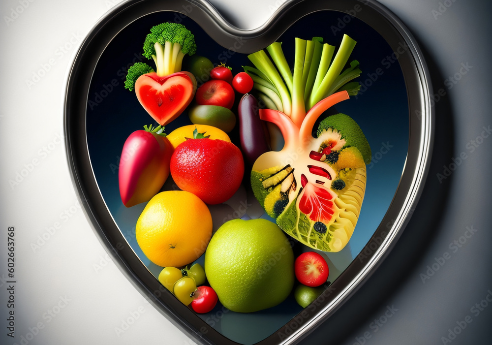 Healthy food concept as a heart shaped plate, full of fresh fruits and ...