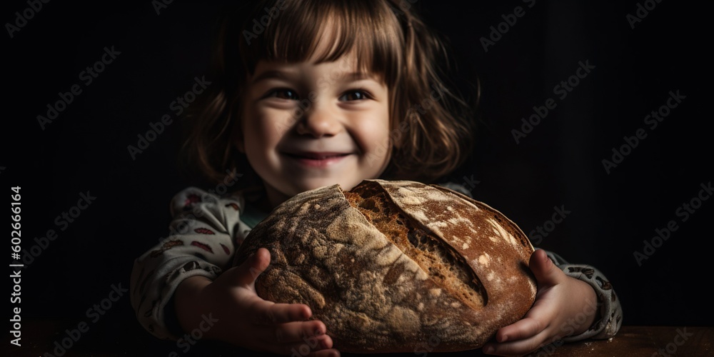 A young child proudly showing off their first successful loaf of bread ...