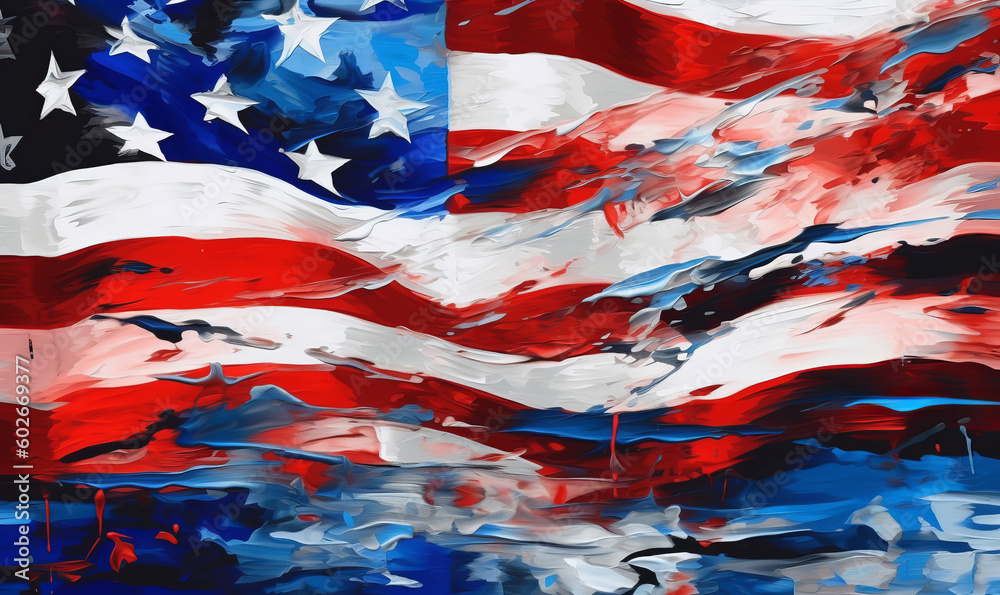 an american flag painted with blue and white paints, in the style of ...