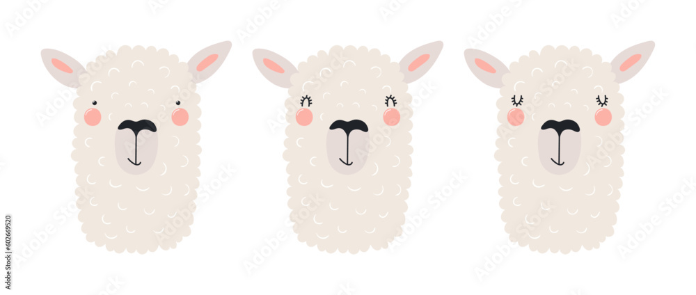 Cute funny llama faces illustrations set. Hand drawn cartoon character ...
