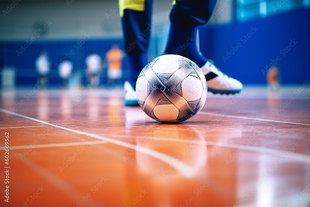 Football futsal player, ball, futsal floor. Sports background. Indoor ...