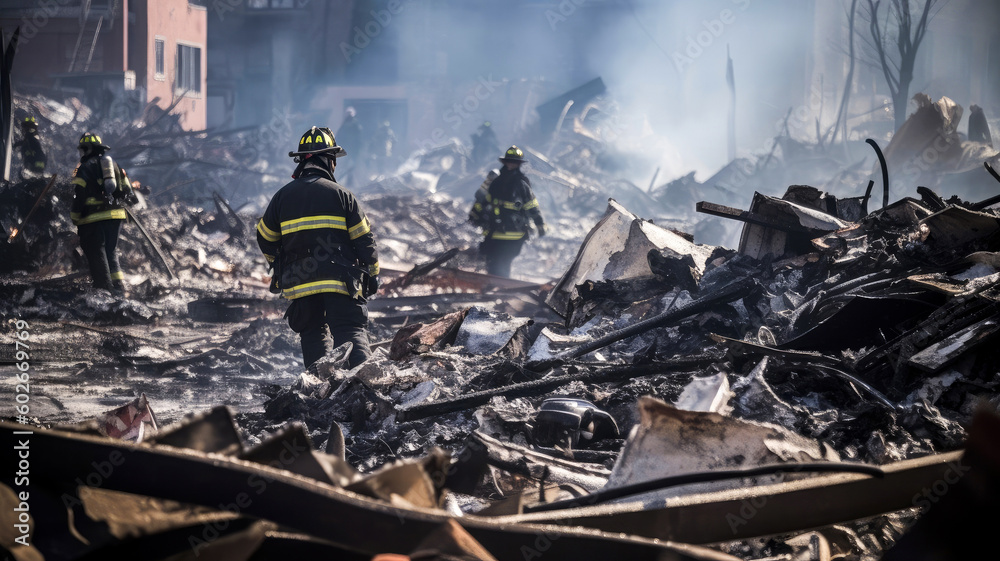 Firefighters put out a fire in a burned-out house. The rescue service ...