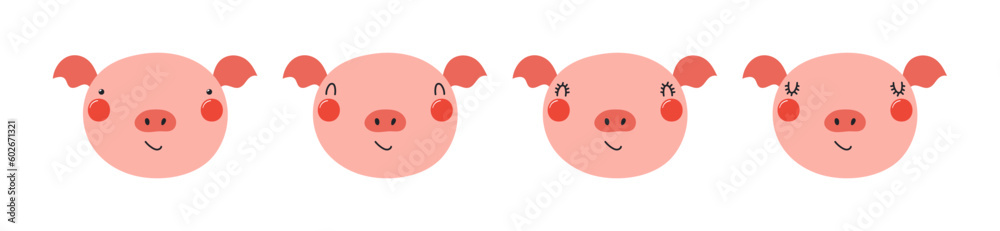 Cute funny pig faces illustrations set. Hand drawn cartoon character ...