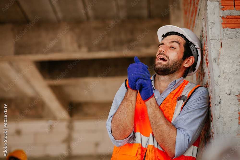 Work accident concept. Injured workers working in construction sites ...