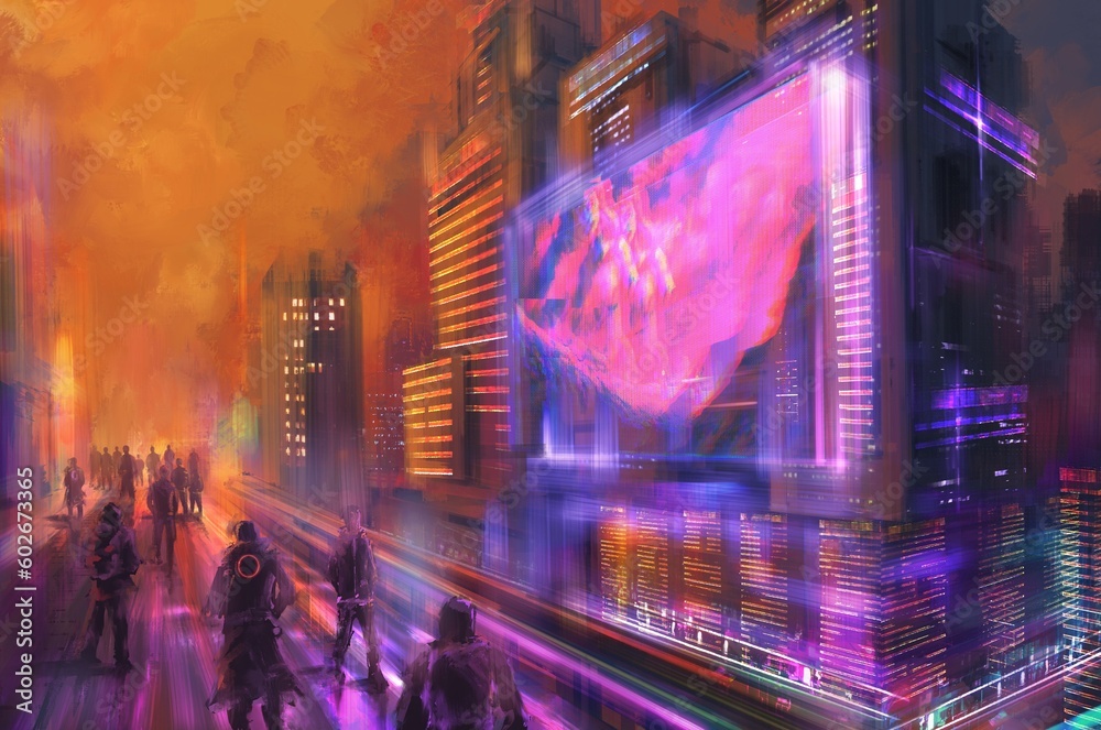 Science fiction neon cyberpunk city sunset,futuristic dystopia ,digital ...