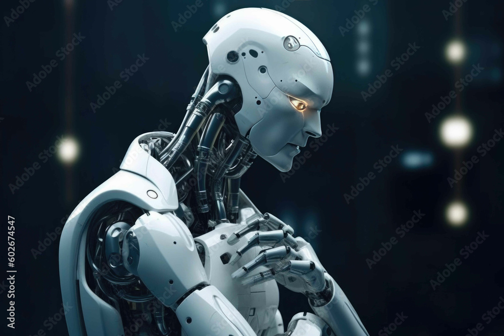 Sci-fi robot as the thinker statue. Synthetic white plastic materials ...