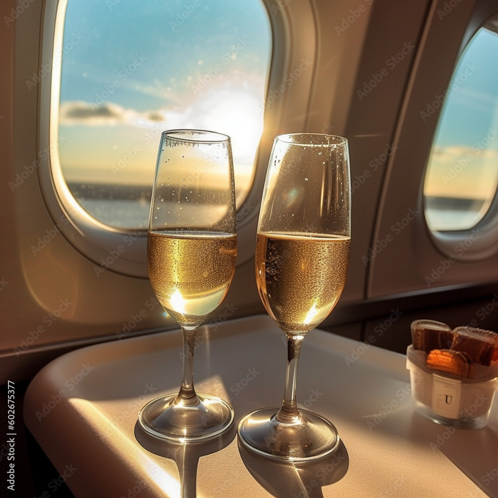 Glasses of champagne on a plane in first class seats. Generative AI ...